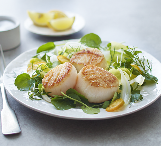 Seared Scallops on Fennel Spring Greens with Kumquats | Diamond Crystal ...